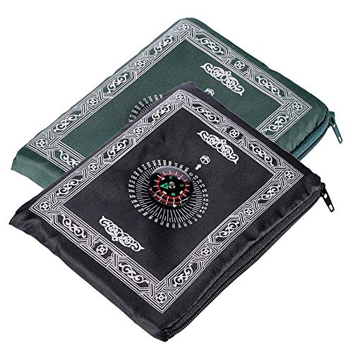 Hitopin 2 Pieces 60cm*100cm Travel Prayer Mat with Compass, Portable Polyester Prayer Rug, Islamic Waterproof Prayer Mat, for Ramadan Gifts, Islamic Prayer (Green, Black)