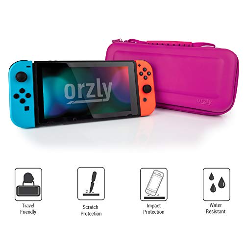 Orzly Carry Case Compatible with Nintendo Switch and New Switch OLED Console - Pink Protective Hard Portable Travel Carry Case Shell Pouch with Pockets for Accessories and Games