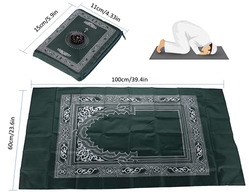 Hitopin 2 Pieces 60cm*100cm Travel Prayer Mat with Compass, Portable Polyester Prayer Rug, Islamic Waterproof Prayer Mat, for Ramadan Gifts, Islamic Prayer (Green, Black)