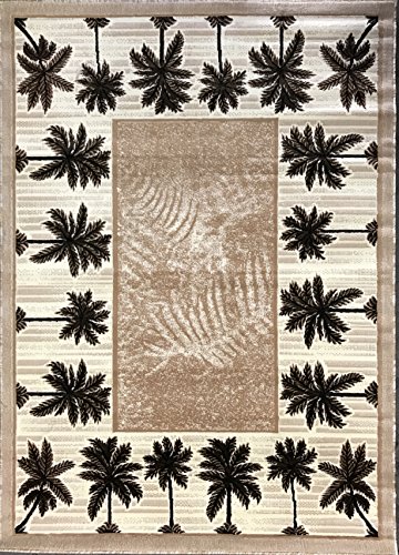 Palm Tree Modern Area Rug Tropical Beige & Green Design 729 (5 Feet X 7 Feet)