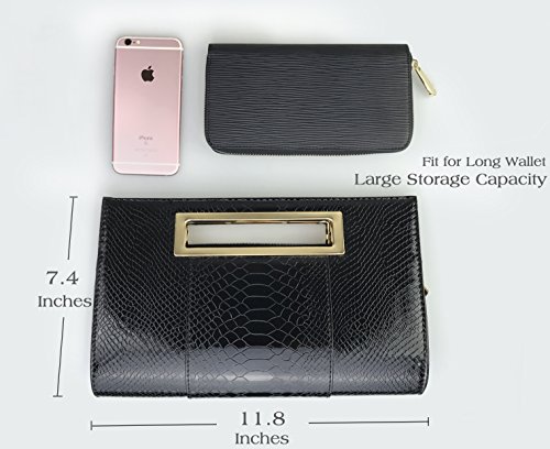 HOXIS Classic Crocodile Pattern Faux Patent Leather Metal Grip Cut it out Clutch with Shoulder Strap Womens Handbag(Black)