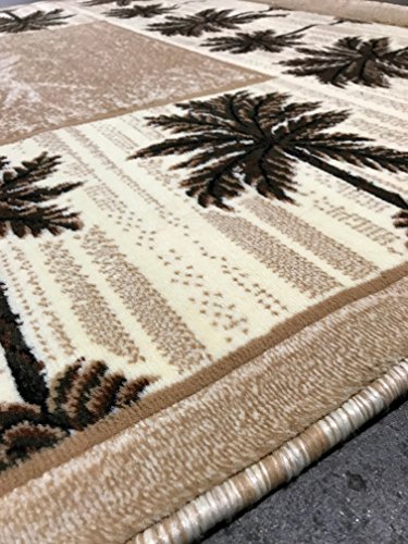 Palm Tree Modern Area Rug Tropical Beige & Green Design 729 (5 Feet X 7 Feet)