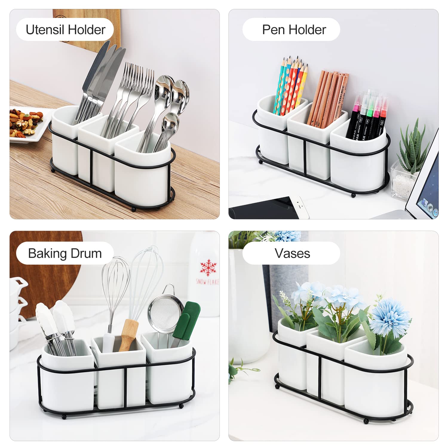 Buyajuju 3 Piece Porcelain Flatware Holder Caddy with Metal Rack, Utensil Holder Caddy For Spoons, Knives and Forks Cutlery Organizer