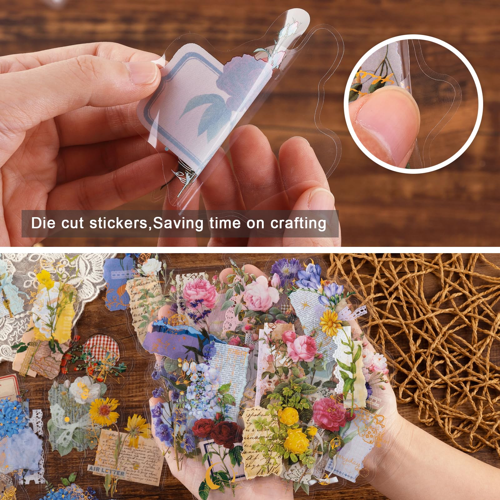 Dizdkizd Gold Foil Floral Stickers (180 Pieces), Transparent Aesthetics Sticker Set Vintage Scrapbooking Stickers for Card Making Envelope Gift Wrapping Journaling