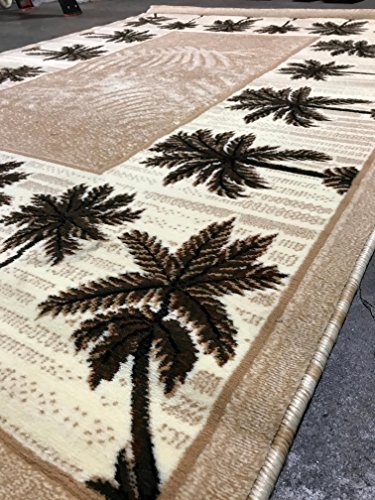 Palm Tree Modern Area Rug Tropical Beige & Green Design 729 (5 Feet X 7 Feet)