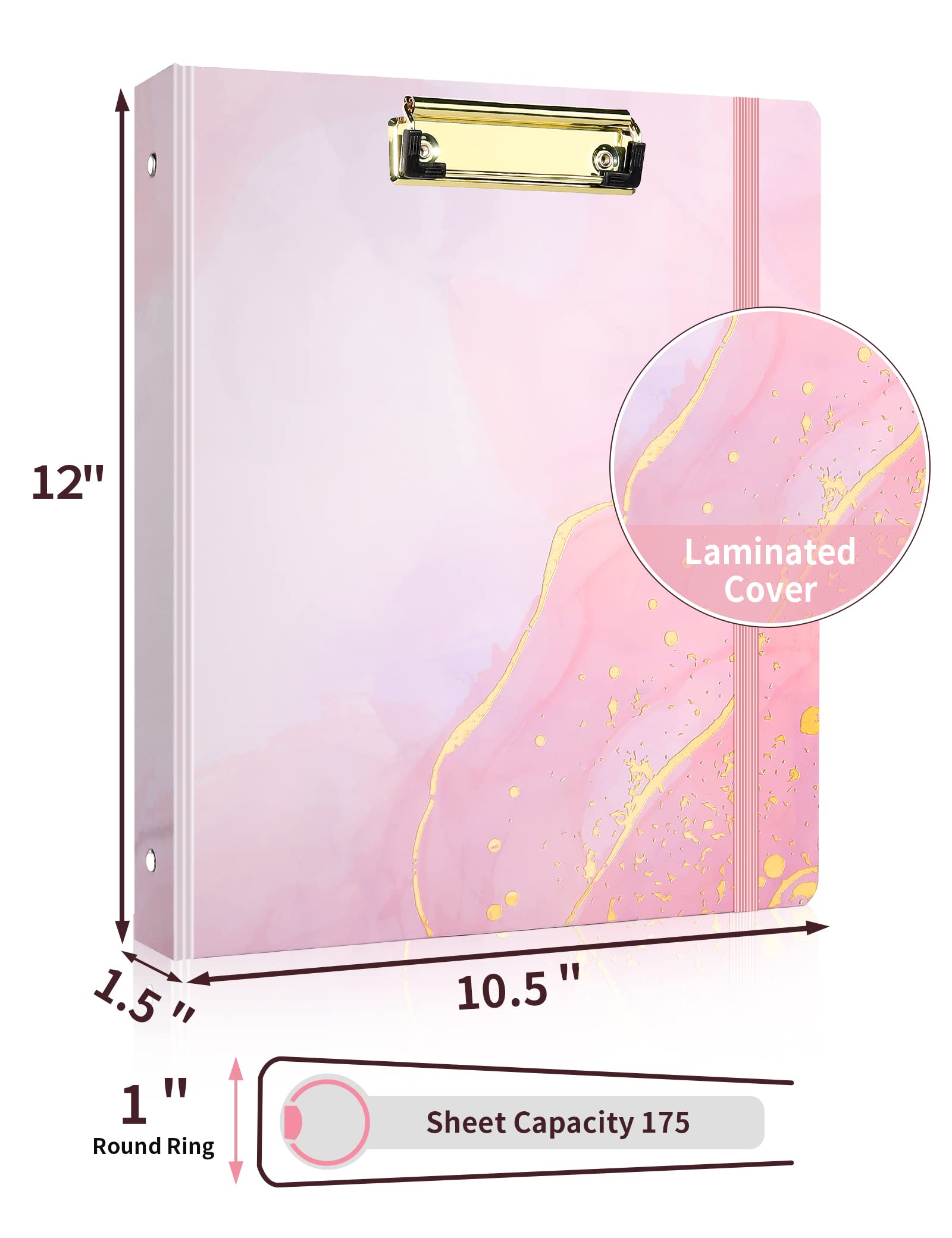 SUNEE 3 Ring Binder 1 Inch, Cute Binder with Clipboard, 2 Pockets, 5 Tab Dividers & Label Stickers, Decorative Pink Marble Heavy Duty Three Ring Binder (Fit 8.5x11 Inches) for Office Binder Supplies
