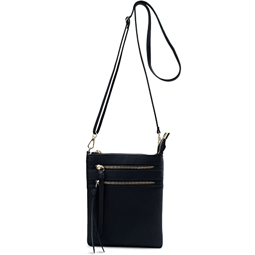 Bveyzi Women's Small Crossbody Purse Multi-Pocket Lightweight Crossover Travel Bag Over The Shoulder with Extra Long Strap (Black)