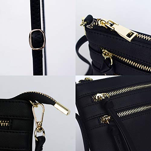 Bveyzi Women's Small Crossbody Purse Multi-Pocket Lightweight Crossover Travel Bag Over The Shoulder with Extra Long Strap (Black)