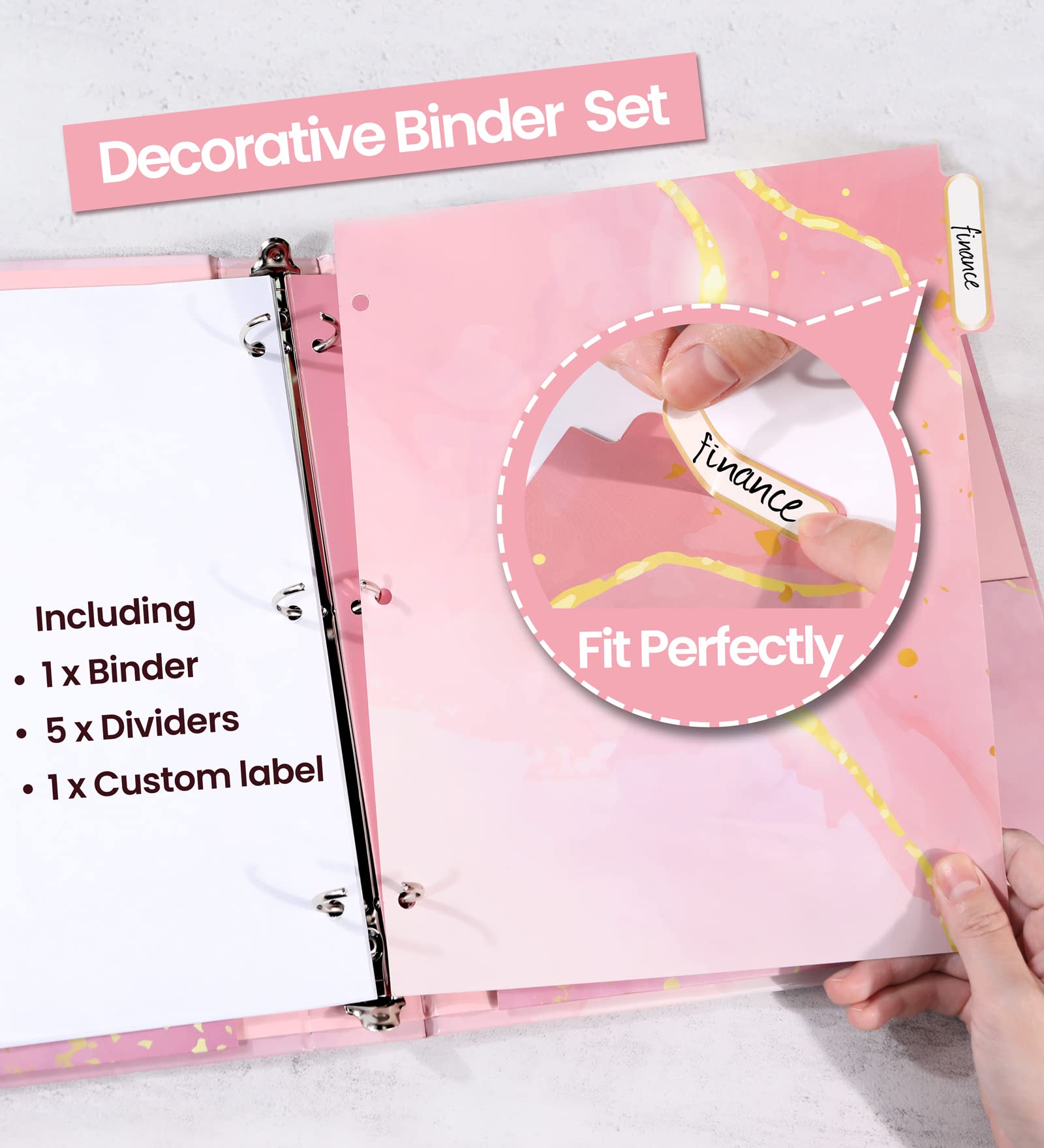 SUNEE 3 Ring Binder 1 Inch, Cute Binder with Clipboard, 2 Pockets, 5 Tab Dividers & Label Stickers, Decorative Pink Marble Heavy Duty Three Ring Binder (Fit 8.5x11 Inches) for Office Binder Supplies