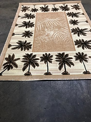 Palm Tree Modern Area Rug Tropical Beige & Green Design 729 (5 Feet X 7 Feet)