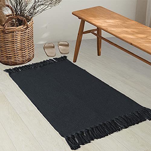 Seavish Black Kitchen Rug, 2x3 Cotton Hand Woven Recycled Throw Rug Runner Braided Entryway Floor Mat for Laundry Room Bathroom Bedroom Dorm