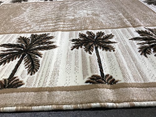 Palm Tree Modern Area Rug Tropical Beige & Green Design 729 (5 Feet X 7 Feet)