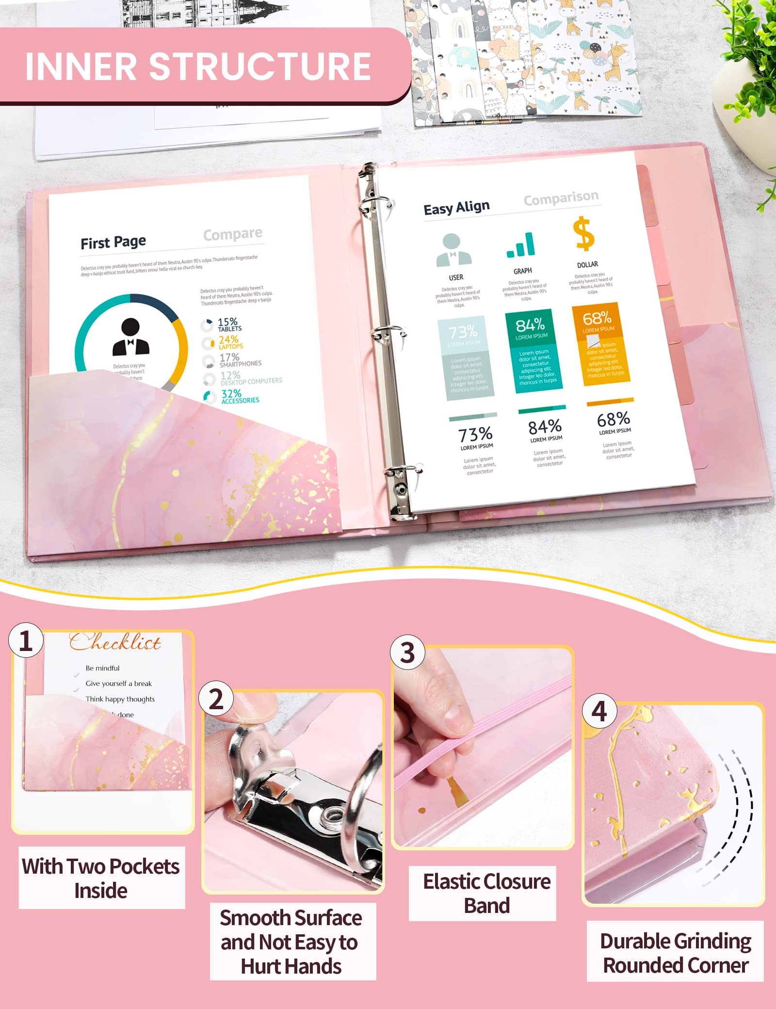 SUNEE 3 Ring Binder 1 Inch, Cute Binder with Clipboard, 2 Pockets, 5 Tab Dividers & Label Stickers, Decorative Pink Marble Heavy Duty Three Ring Binder (Fit 8.5x11 Inches) for Office Binder Supplies