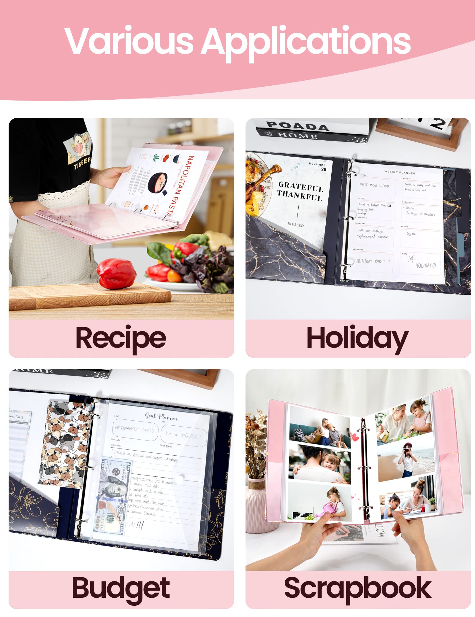 SUNEE 3 Ring Binder 1 Inch, Cute Binder with Clipboard, 2 Pockets, 5 Tab Dividers & Label Stickers, Decorative Pink Marble Heavy Duty Three Ring Binder (Fit 8.5x11 Inches) for Office Binder Supplies