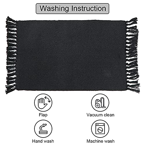 Seavish Black Kitchen Rug, 2x3 Cotton Hand Woven Recycled Throw Rug Runner Braided Entryway Floor Mat for Laundry Room Bathroom Bedroom Dorm