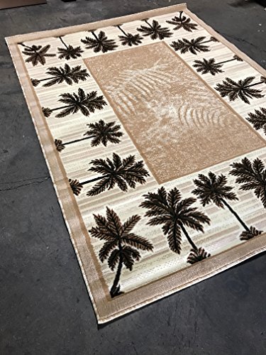 Palm Tree Modern Area Rug Tropical Beige & Green Design 729 (5 Feet X 7 Feet)