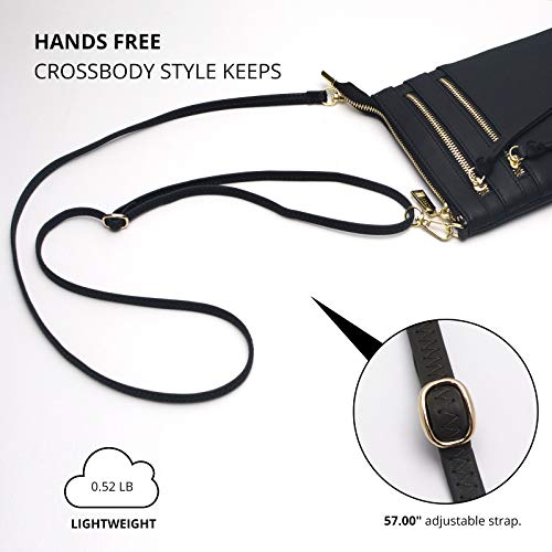 Bveyzi Women's Small Crossbody Purse Multi-Pocket Lightweight Crossover Travel Bag Over The Shoulder with Extra Long Strap (Black)