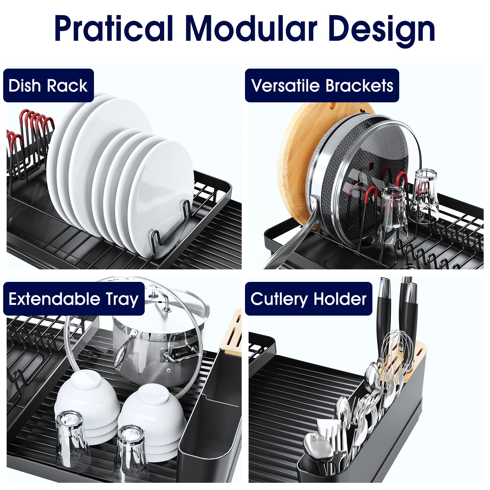Dish Drying Rack, Expandable(19.3"-26") Dish Rack with Drainboard Set, Extra Large Rustproof Drying Rack for Kitchen Counter, Big Dish Drainers Dryer Racks for Dishes Drain with Utensil & Knife Holder