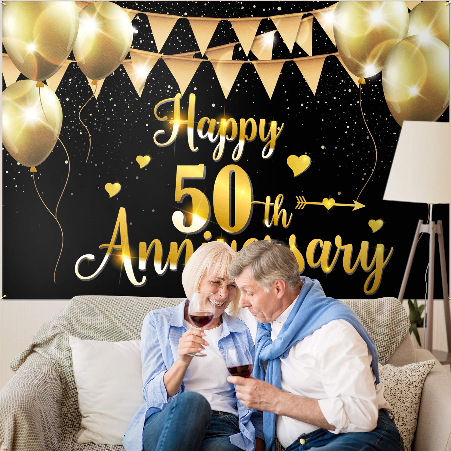 PAKBOOM Happy 50th Anniversary Backdrop Banner - 50 Years Anniversary Party Decorations Supplies for Parents - 3.9 x 5.9ft Black Gold