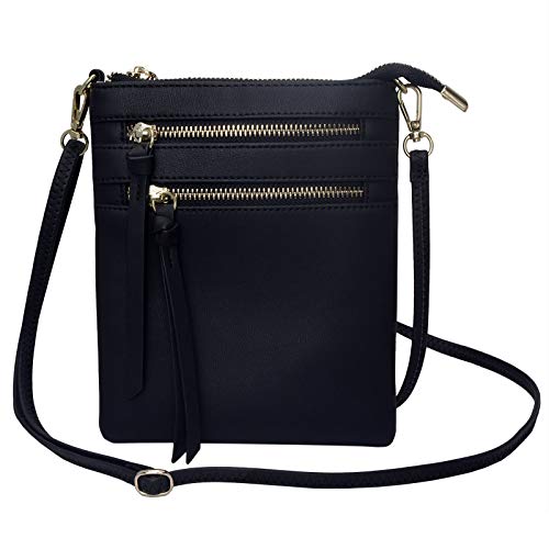 Bveyzi Women's Small Crossbody Purse Multi-Pocket Lightweight Crossover Travel Bag Over The Shoulder with Extra Long Strap (Black)