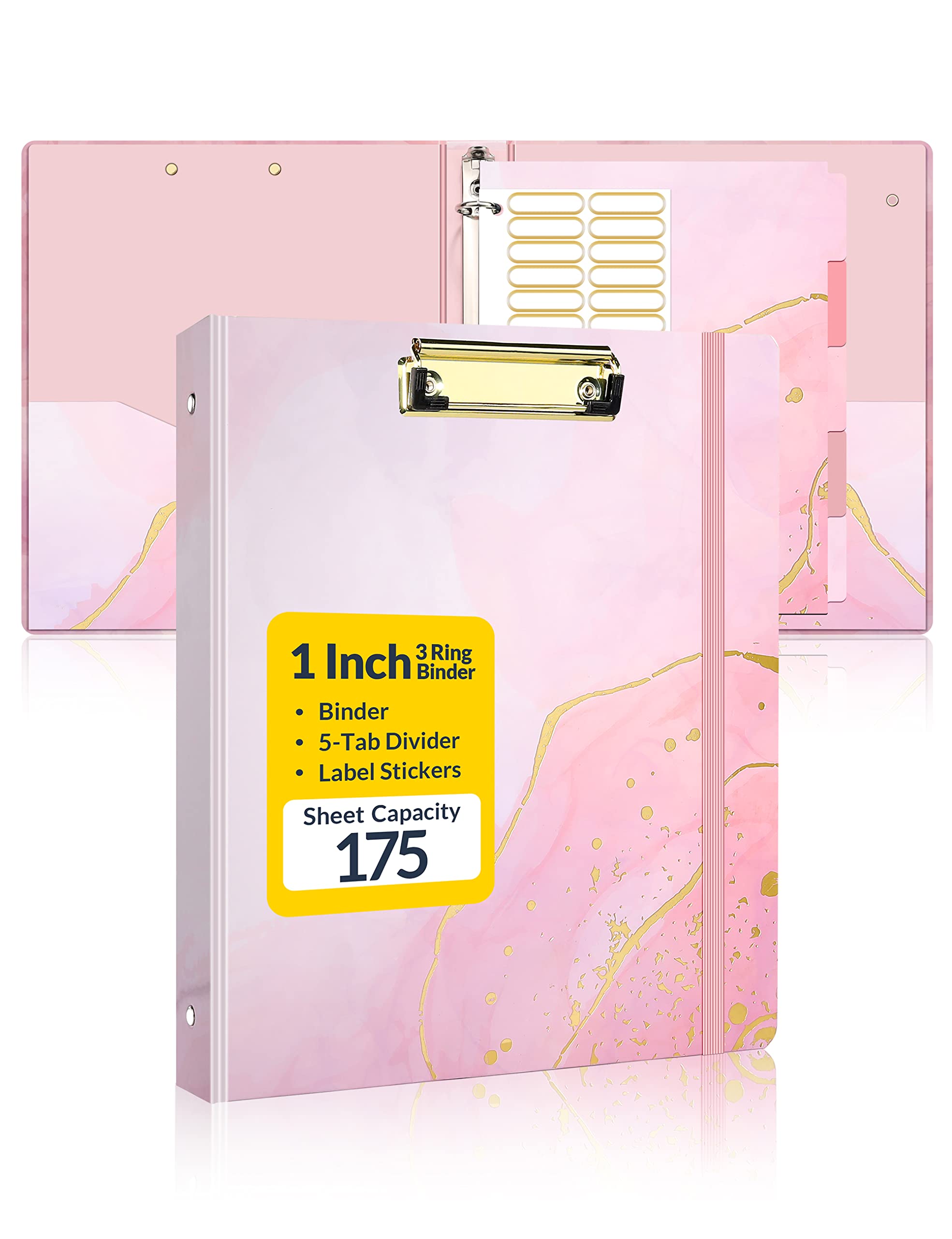 SUNEE 3 Ring Binder 1 Inch, Cute Binder with Clipboard, 2 Pockets, 5 Tab Dividers & Label Stickers, Decorative Pink Marble Heavy Duty Three Ring Binder (Fit 8.5x11 Inches) for Office Binder Supplies
