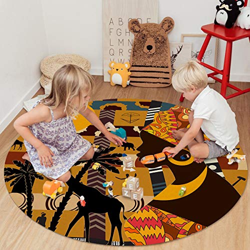 Large Area Rug for Living Room- African Women Rlephant Giraffe Silhouette Soft Comfort Carpet Home Decorate Contemporary Runner Rugs, 4' Diameter