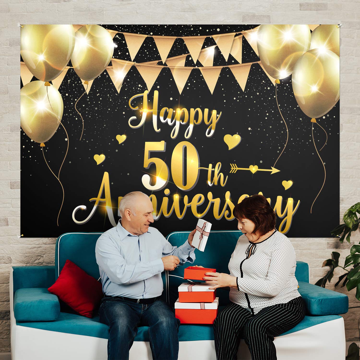 PAKBOOM Happy 50th Anniversary Backdrop Banner - 50 Years Anniversary Party Decorations Supplies for Parents - 3.9 x 5.9ft Black Gold
