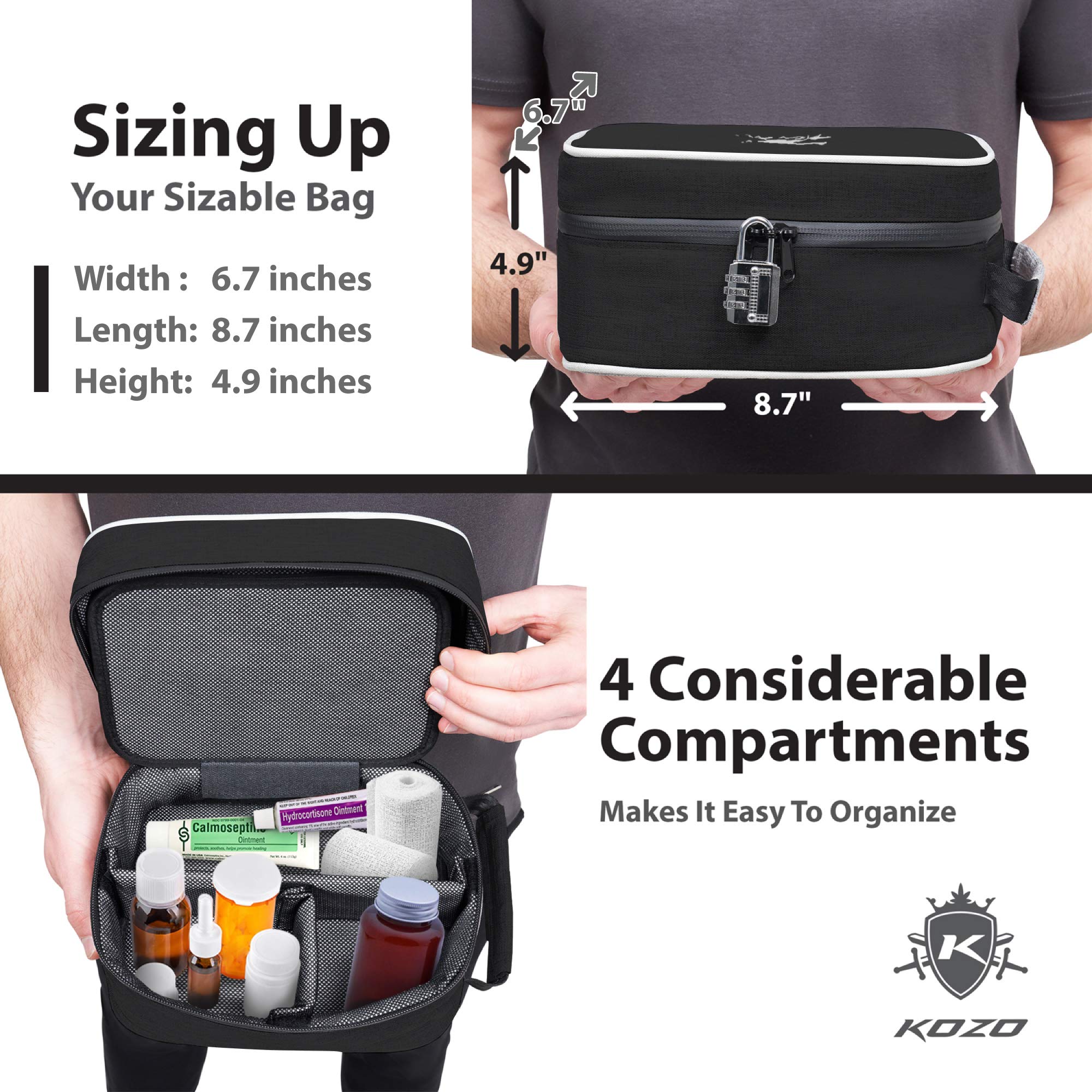 Portable Food Lunchbox Storage Bag with Combination Lock – Insulated Bag with Tightly Locking Zippers and 7 Layers of Carbon-Woven Fabric, Durable Bag by Kozo, 4.9 x 6.7 x 8.7 In. (Black-Bag)