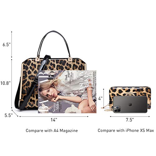 Dasein Women Large Handbag Purse Vegan Leather Satchel Work Bag Shoulder Tote with Matching Wallet (Leopard)