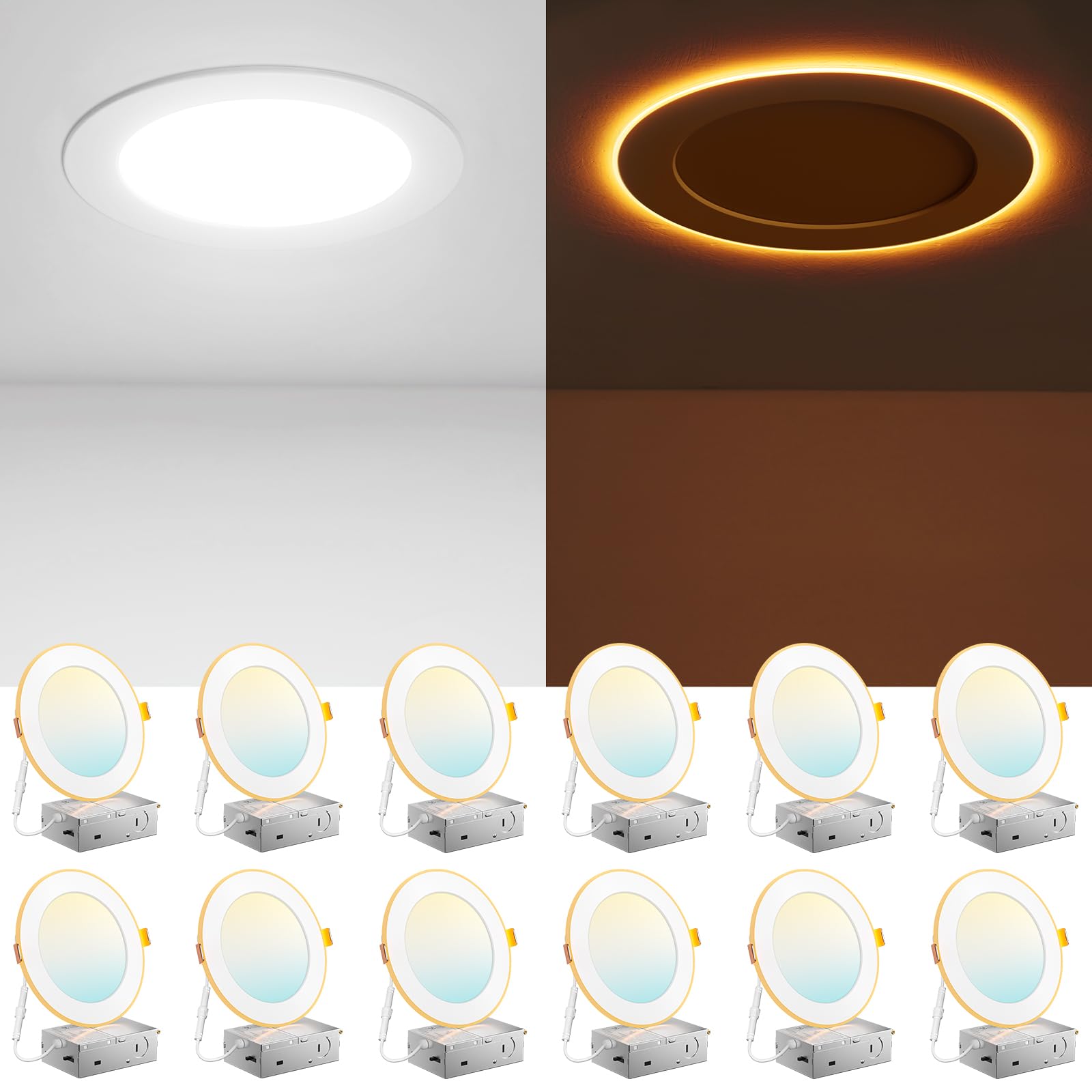 Amico 12 Pack 6 Inch 5CCT LED Recessed Ceiling Light with Night Light, 2700K/3000K/3500K/4000K/5000K Selectable Ultra-Thin Recessed Lighting, 12W=110W, 1100LM, Dimmable Canless Wafer Downlight ETL&FCC