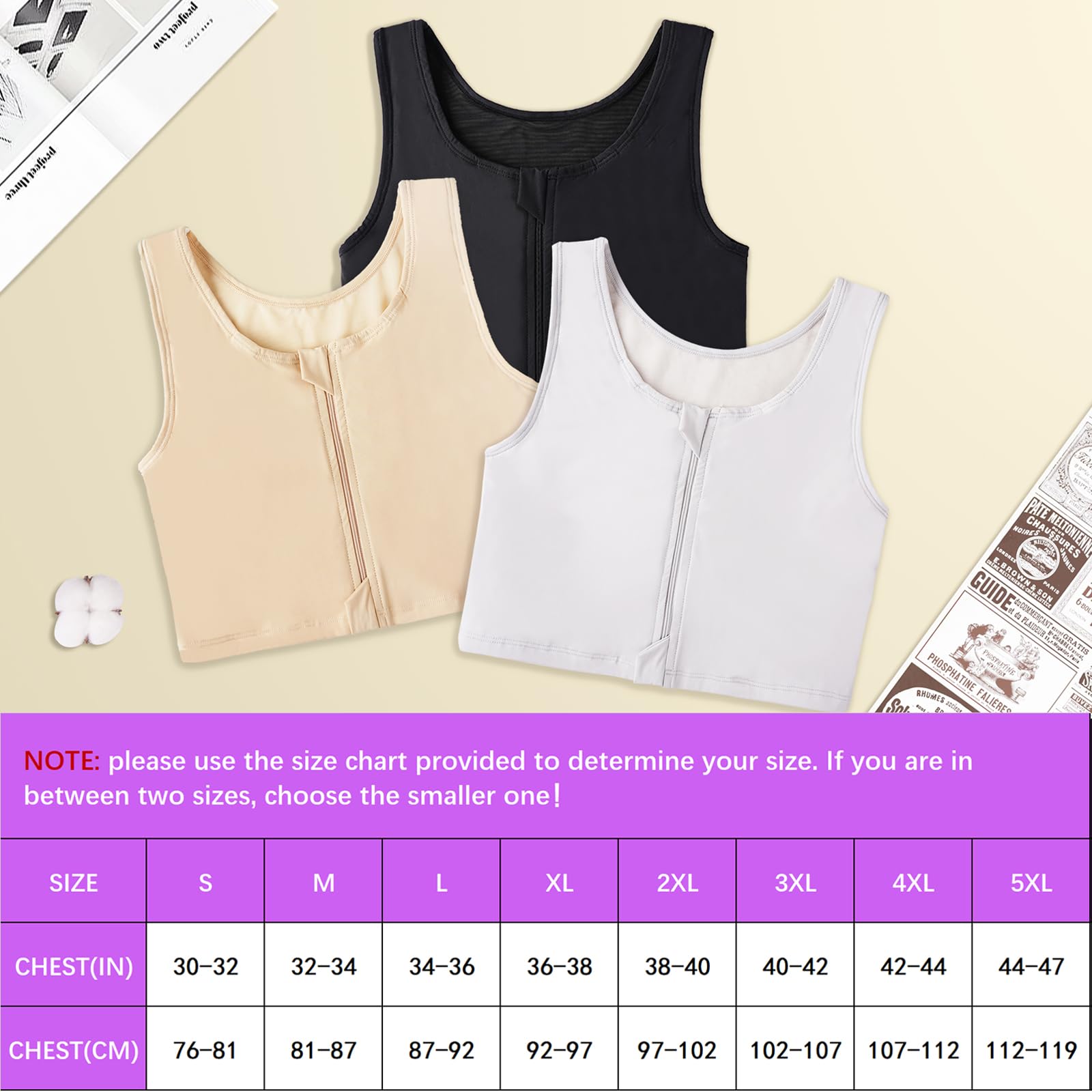 XUJI Women Transgender FTM Zip Up Breathable Half Chest Binder Tank Top (B, L) Black