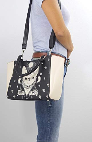 Lost Queen Gothic Bastet Sphynx Cat Occult Goth Satchel Handbag, Black, Cream, Small