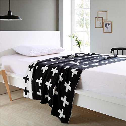 EsyDream Knitting Blanket Jacquard Soft Sofa Cover Baby Throw Blanket Warm,Black & White Cross Design,43x50inch (110x130cm)