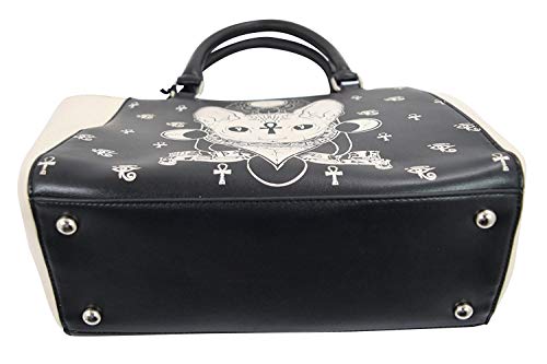 Lost Queen Gothic Bastet Sphynx Cat Occult Goth Satchel Handbag, Black, Cream, Small