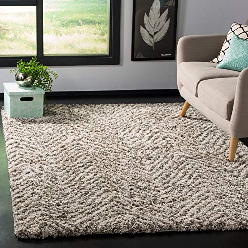 SAFAVIEH Hudson Shag Collection 9' x 12' Ivory/Grey SGH375A Chevron Non-Shedding Living Room Bedroom Dining Room Entryway Plush 2-inch Thick Area Rug