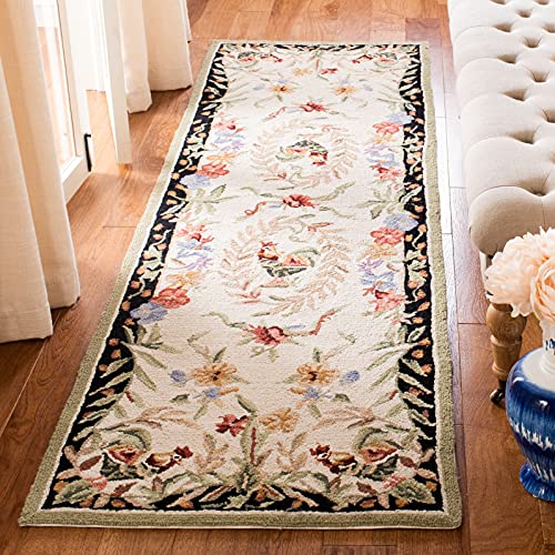 SAFAVIEH Chelsea Collection 2'6" x 10' Cream / Black HK92A Hand-Hooked French Country Wool Runner Rug