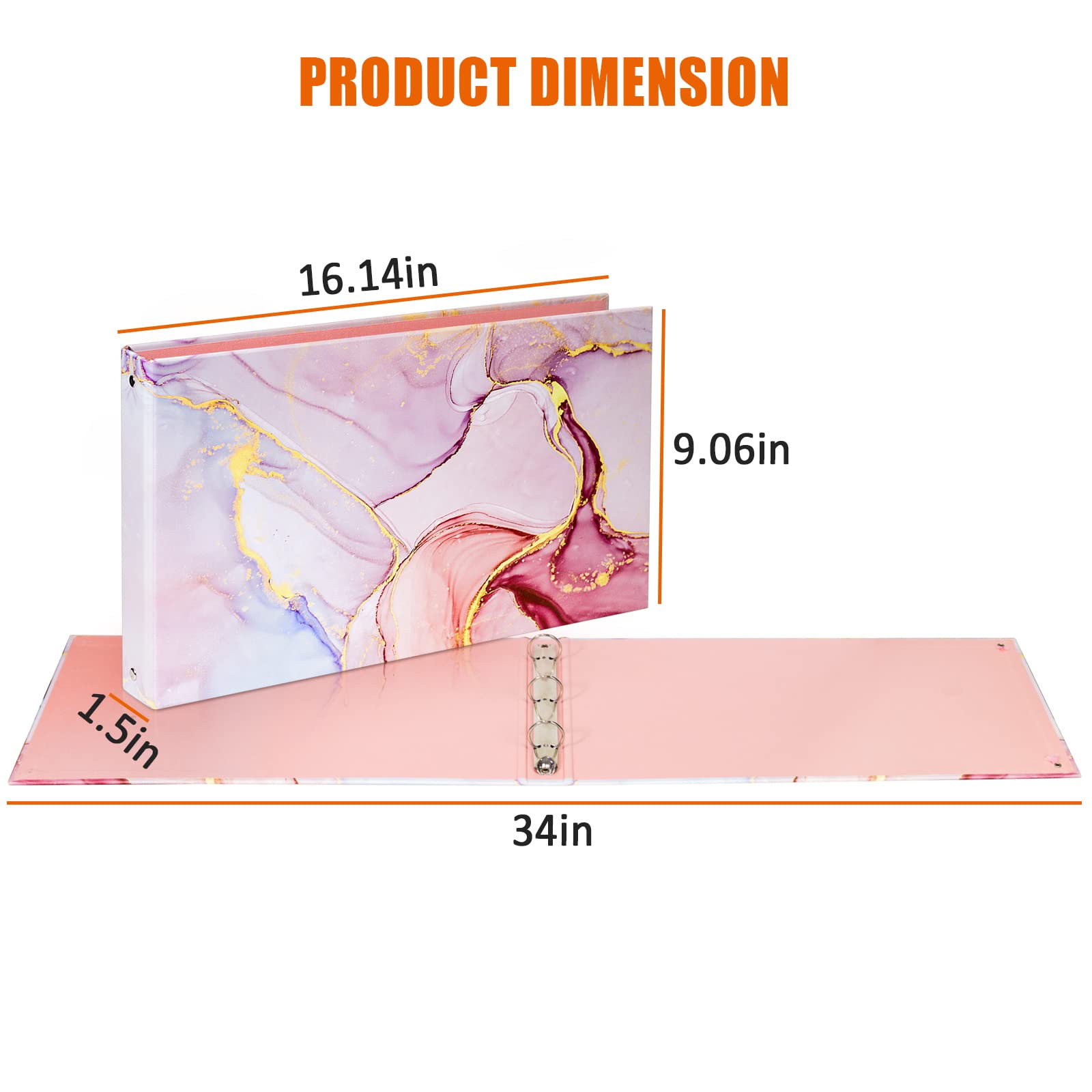 Legal-Size Binders, for 8.5 x 14 Paper, 3 Ring Binder 1 Inch, Landscape Spreadsheet Binder with Elastic Cord, Pink Marble, 2 Pack