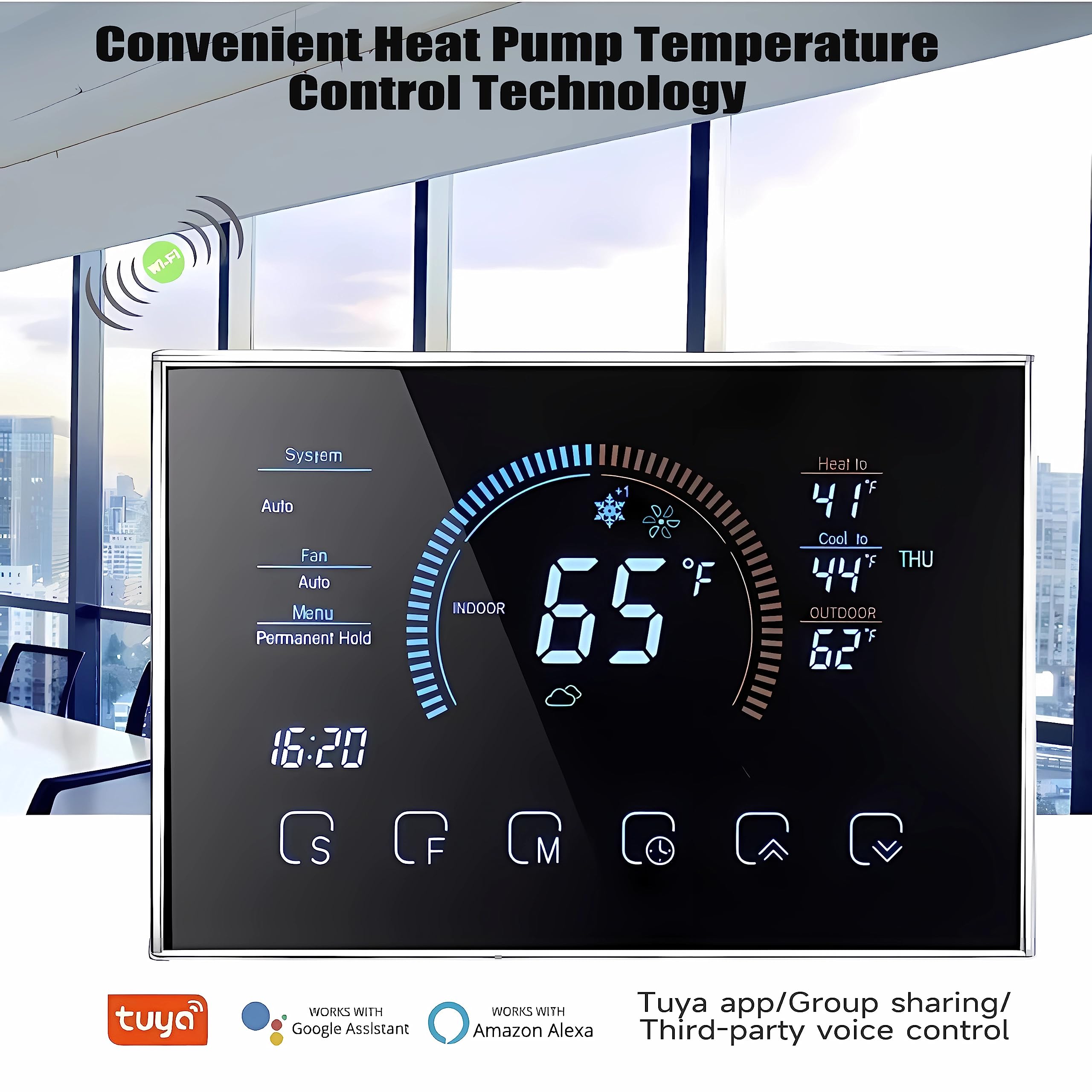 Creawonlas WiFi Thermostat for Home Heat Pump Suitable for Air and Ground Energy Heat Pumps, Programming Thermostat Voice Control Compatible with Alexa Google Home, C-Wire Adapter Included