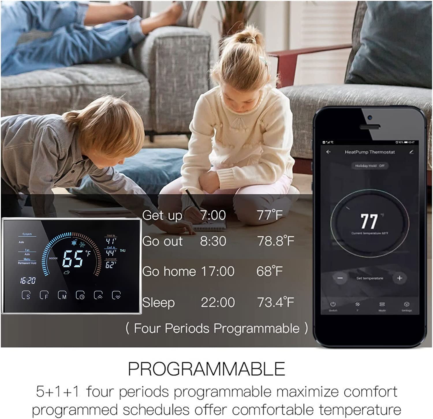 Creawonlas WiFi Thermostat for Home Heat Pump Suitable for Air and Ground Energy Heat Pumps, Programming Thermostat Voice Control Compatible with Alexa Google Home, C-Wire Adapter Included