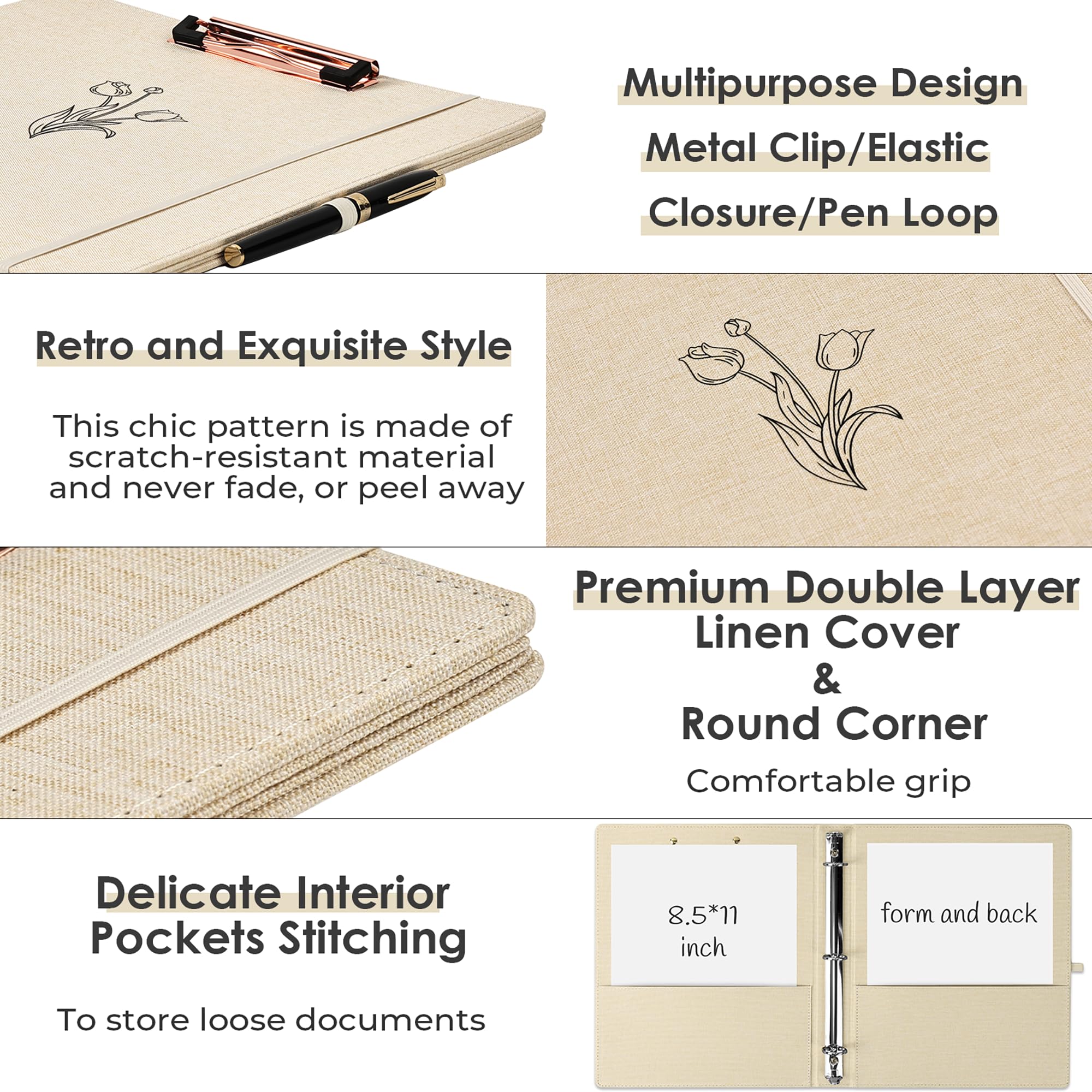 EYROZILL 3 Ring Binder, 1 Inch Linen Binder Organizer for Letter Size (8.5" x 11") with 5 Tab Dividers, File Folder Labels and Low Profile Clipboards, School and Office Supplies- Tulip White
