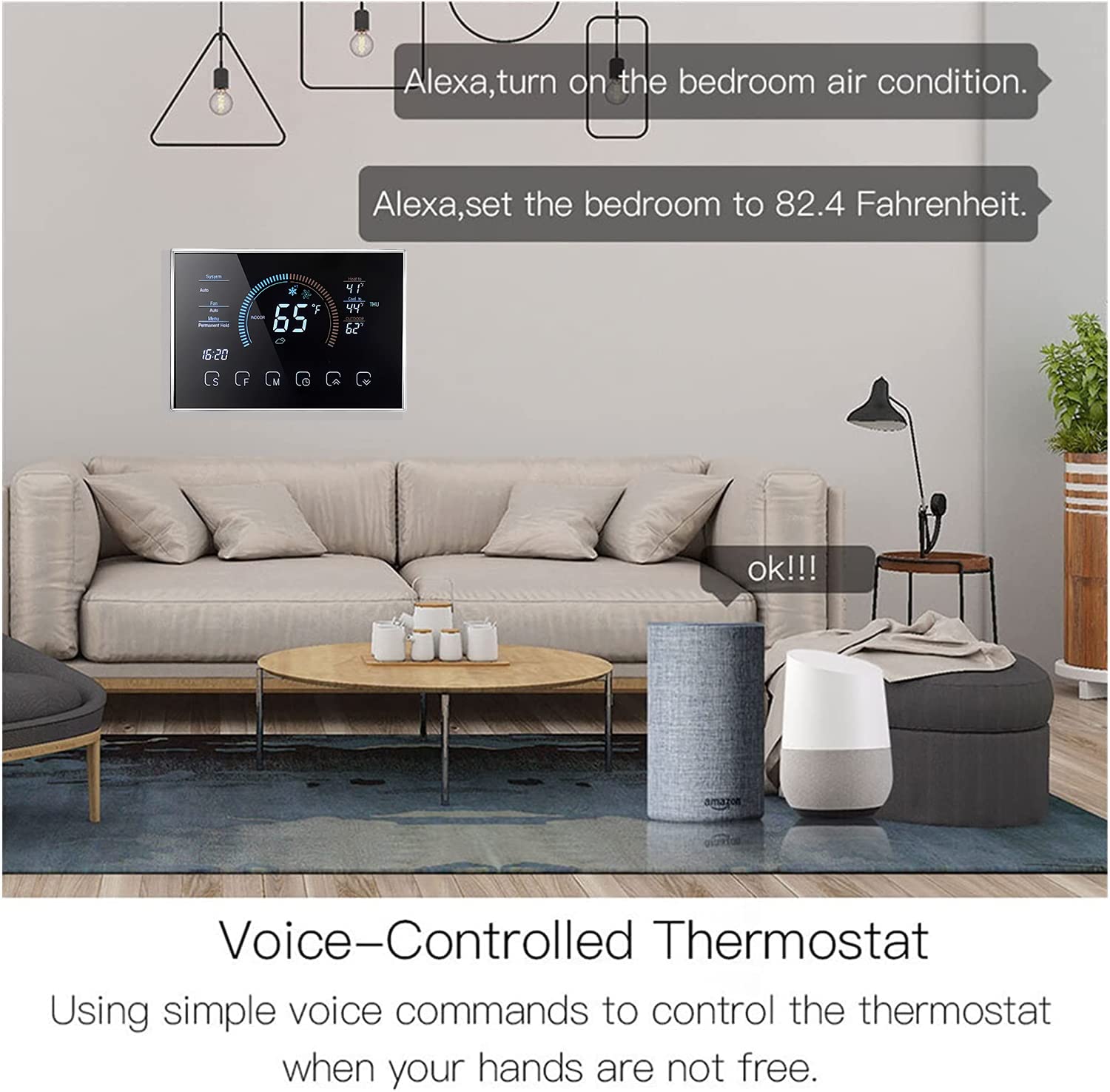 Creawonlas WiFi Thermostat for Home Heat Pump Suitable for Air and Ground Energy Heat Pumps, Programming Thermostat Voice Control Compatible with Alexa Google Home, C-Wire Adapter Included
