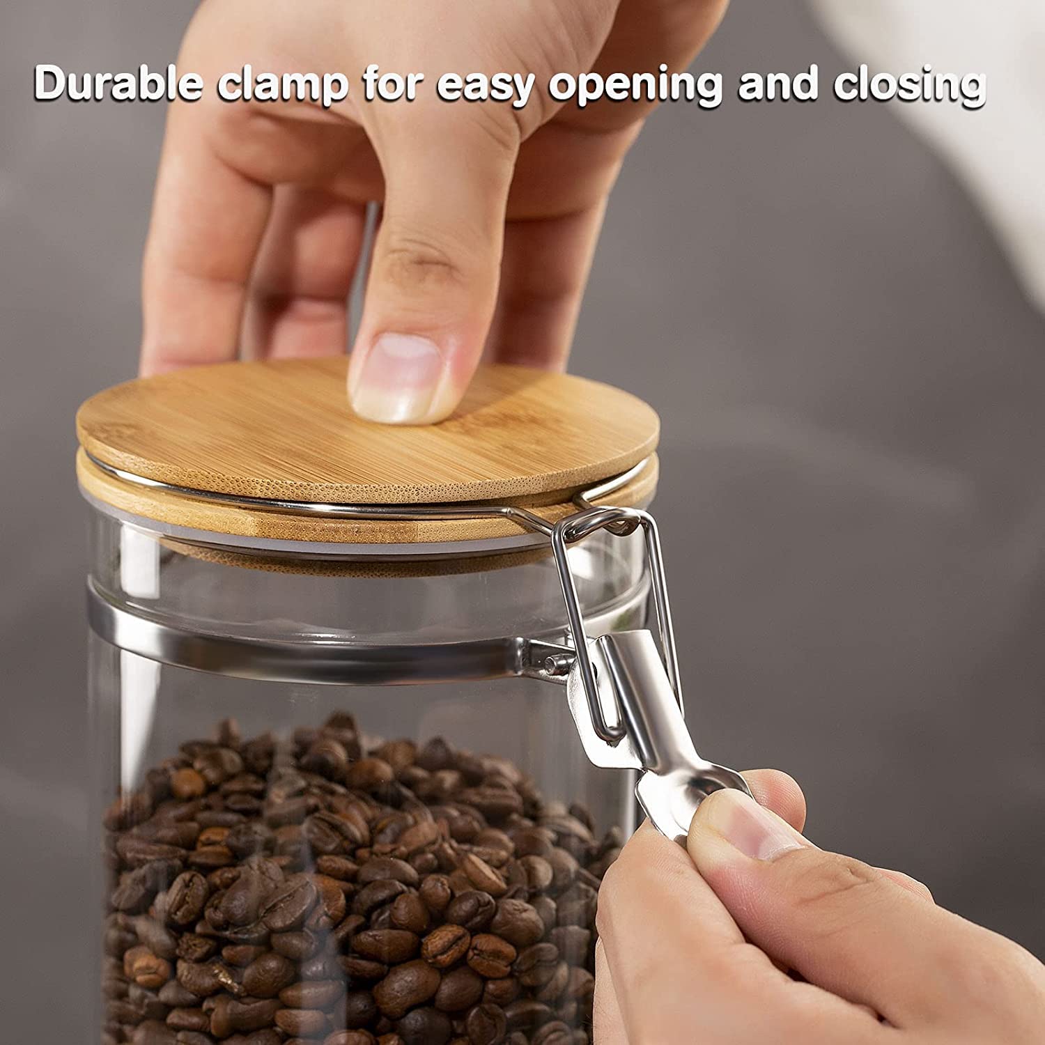 Yangbaga Glass Coffee Containers with Shelf, 2 x 45 FLOZ Coffee Bean Storage with Airtight Locking Clamp and Bamboo Spoon, Large Capacity Food Storage Jar for Kitchen