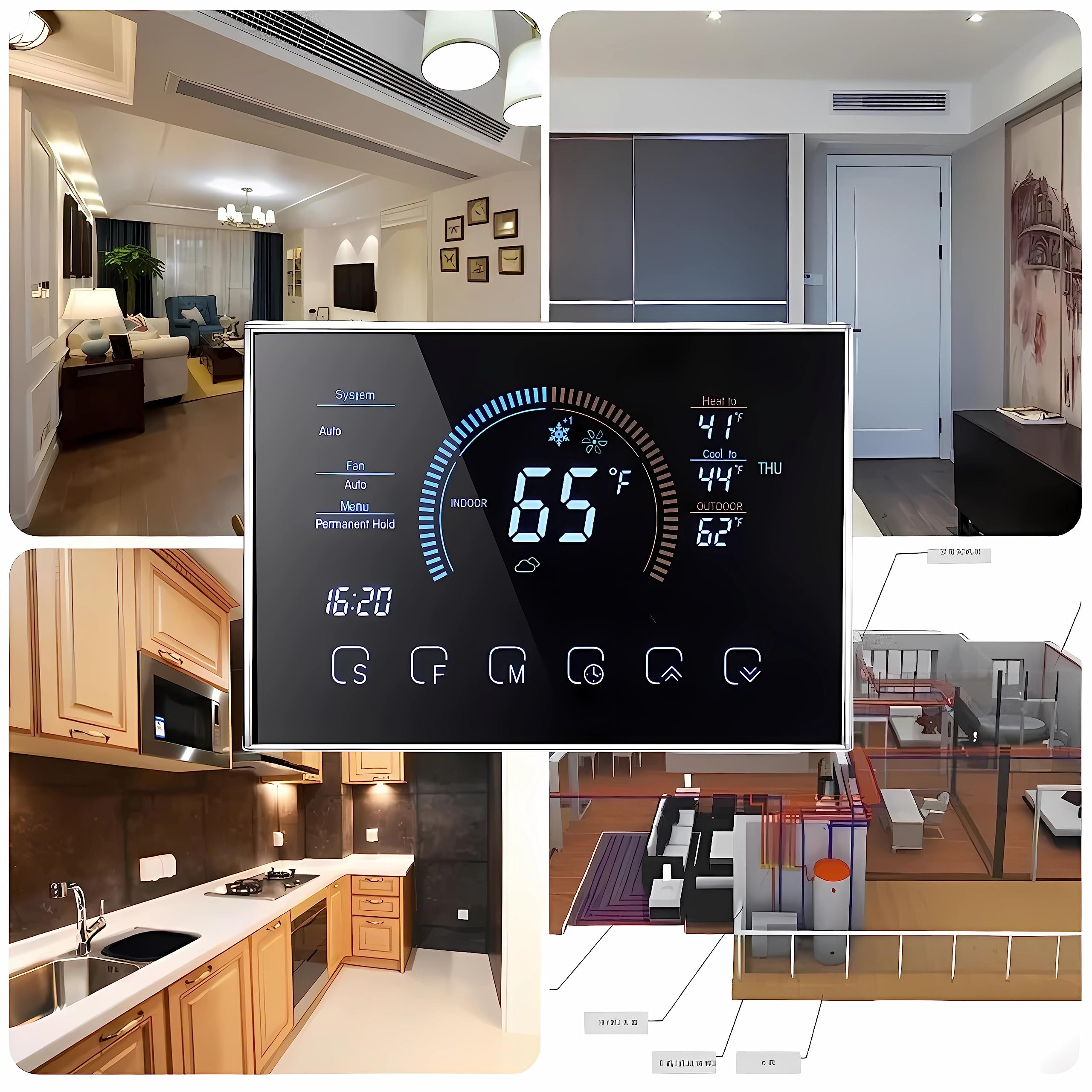 Creawonlas WiFi Thermostat for Home Heat Pump Suitable for Air and Ground Energy Heat Pumps, Programming Thermostat Voice Control Compatible with Alexa Google Home, C-Wire Adapter Included