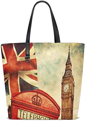 VVIEER Vintage Handbag Leather Tote Bag Purse British Flag Big Ben London for Womens, Image 912, 12inch x 4.7inch x 13.6inch