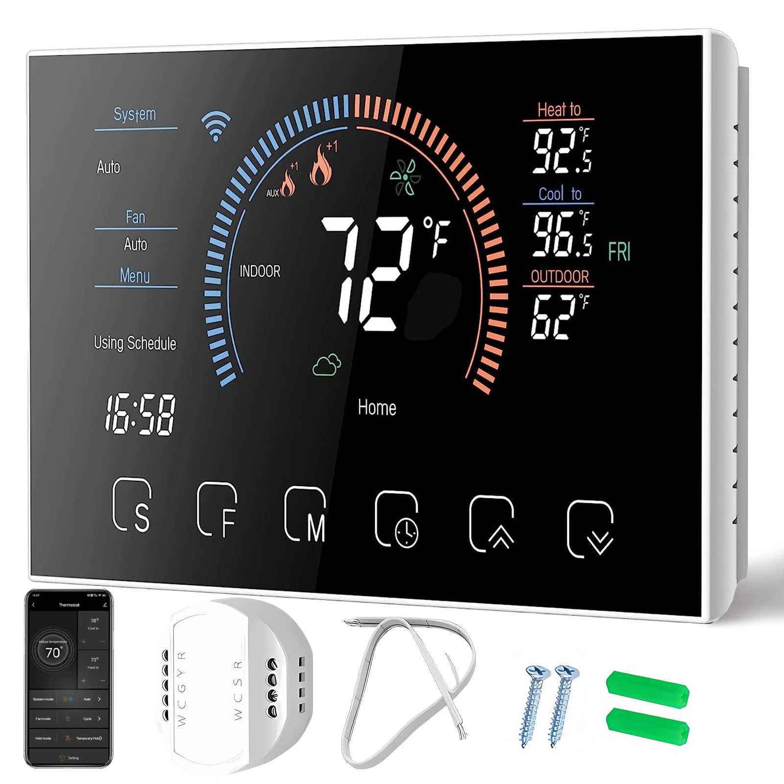 Creawonlas WiFi Thermostat for Home Heat Pump Suitable for Air and Ground Energy Heat Pumps, Programming Thermostat Voice Control Compatible with Alexa Google Home, C-Wire Adapter Included