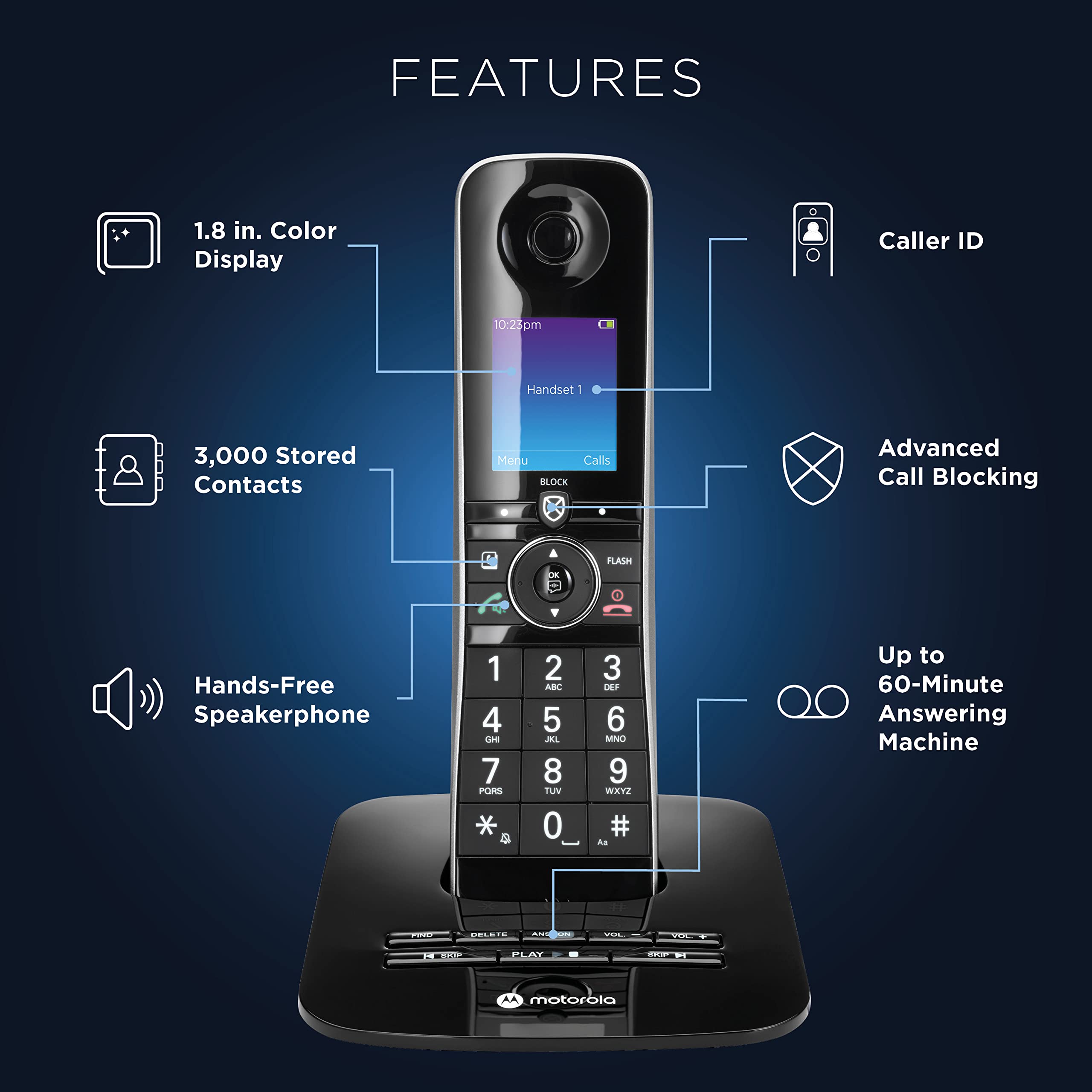 Motorola Voice D8714 Cordless Phone System w/4 Digital Handsets + Bluetooth to Cell, Answering Machine, Call Block - Black