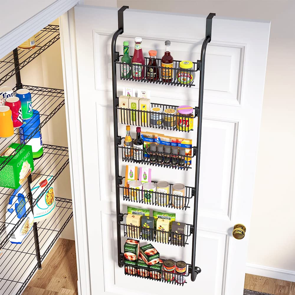 NETEL 6-Tier Over the Door Pantry Organizer, Heavy Metal Line Basket and Frame, 2 Large Baskets and 4 Small Baskets, Suspension Storage Racks, Suitable for Kitchen, Bathroom, Room, Locker
