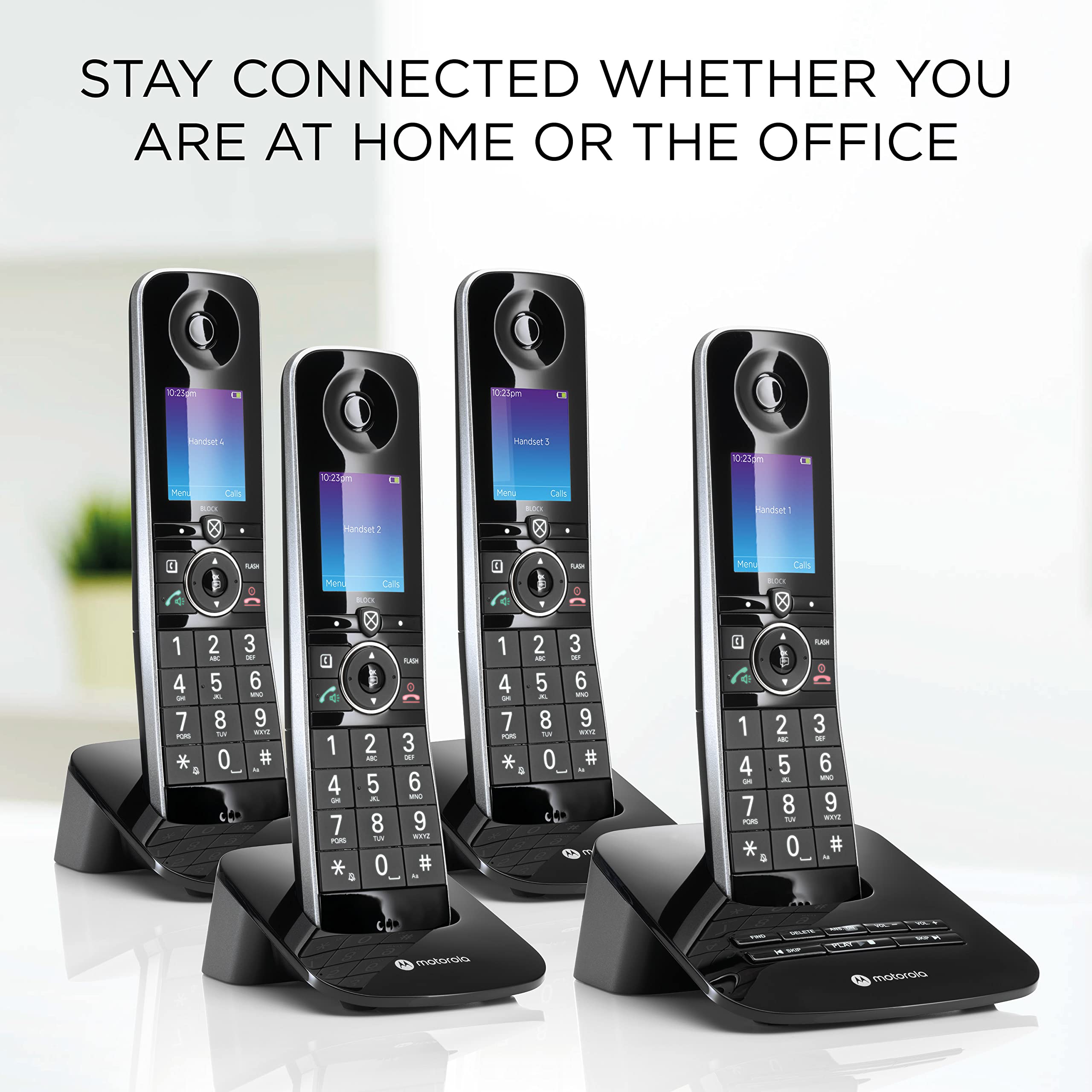 Motorola Voice D8714 Cordless Phone System w/4 Digital Handsets + Bluetooth to Cell, Answering Machine, Call Block - Black