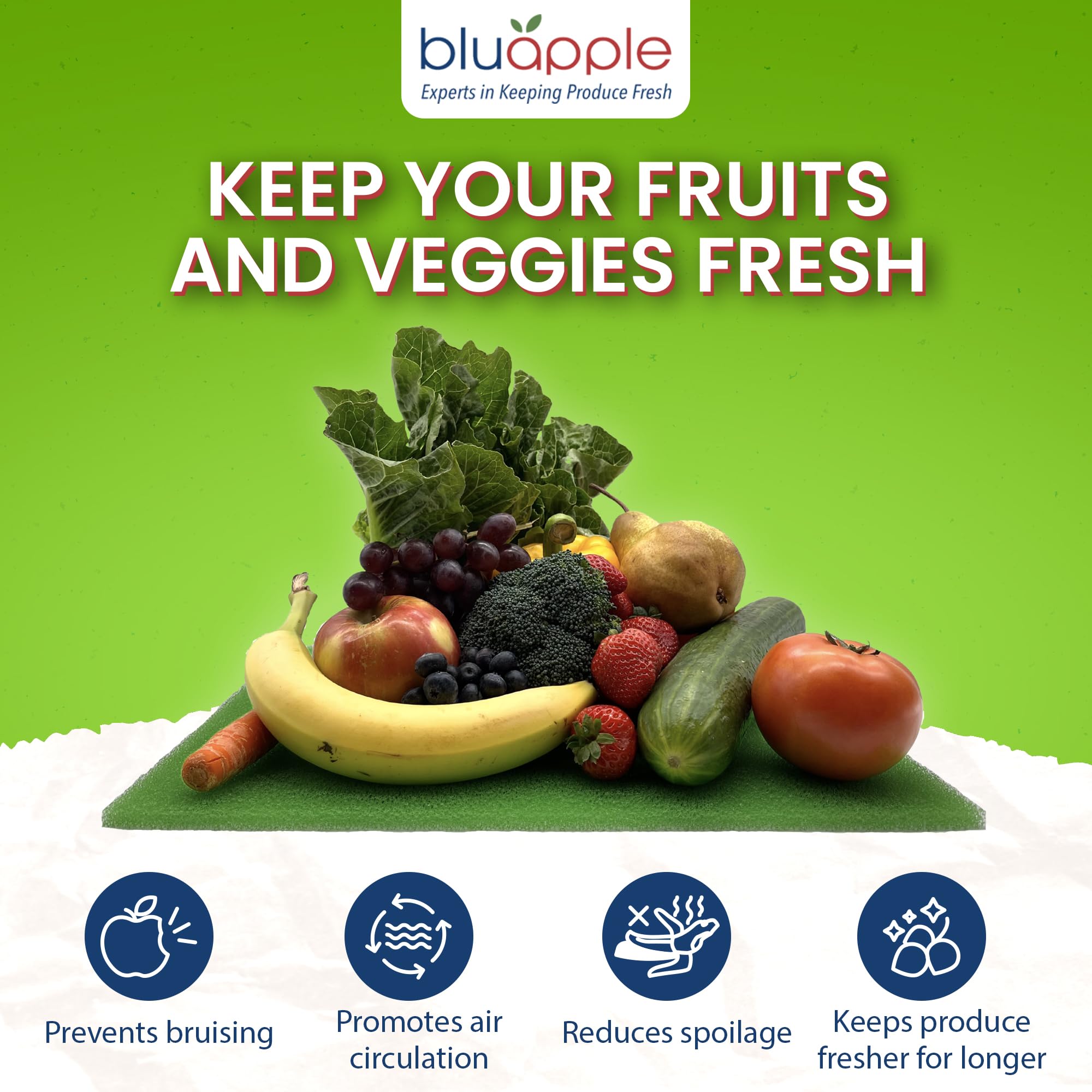 Bluapple FreshMats 4-Pack, 12" x 15" Cuttable, Washable, & Reusable Sponge Refrigerator Fruit & Vegetable Shelf Liner to Keep Produce Fresh Longer, Anti-Bruising, Promotes Air Circulation