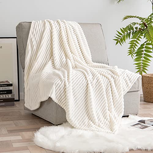 MIULEE Fleece Throw Blanket with Stripe Pattern for Couch Super Soft Fuzzy Flannel Cream White Blanket Plush Warm Cozy Bed Blanket for Sofa Chair Twin Size 60"x80"